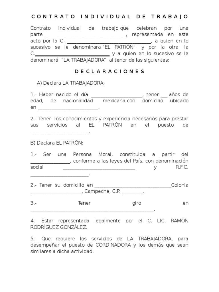 Formato de Contrato Individual de Trabajo | Derecho laboral | Política