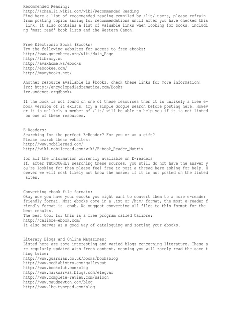 4chan Lit Recommended List of Reading | PDF | E Books | Media Technology