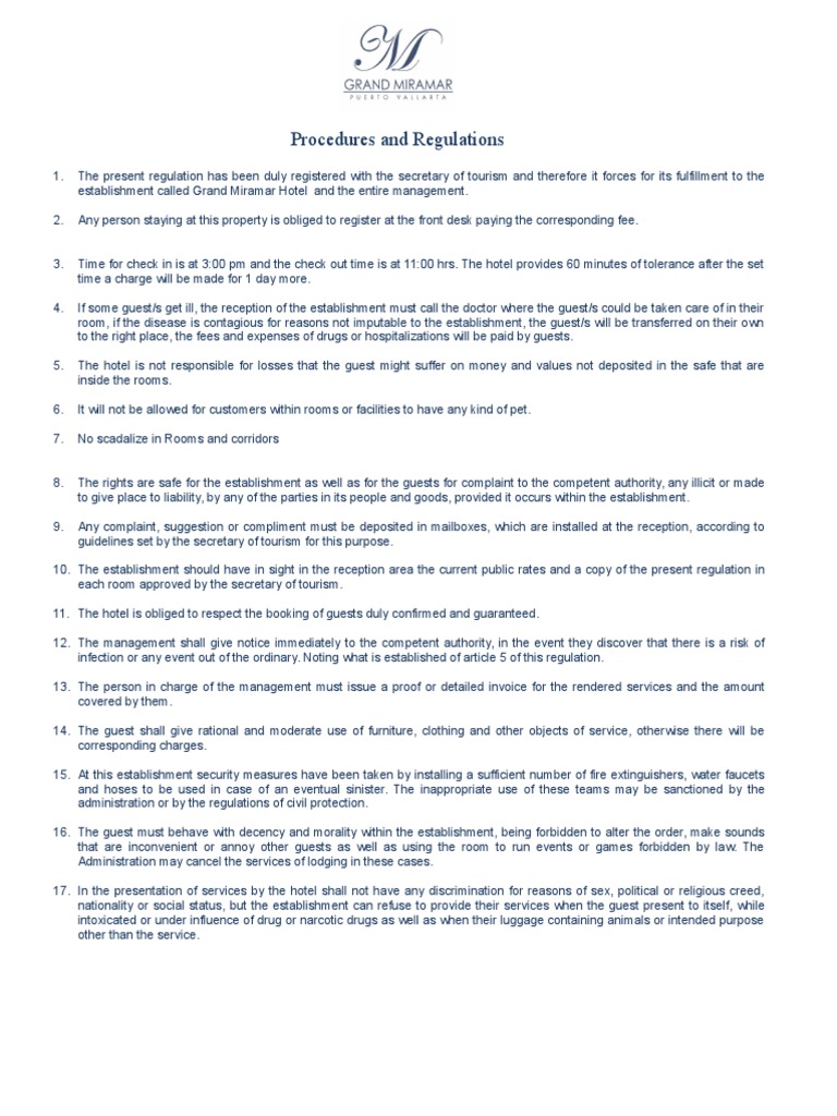 Hotel Guests Procedures and Regulations | PDF | Fee | Government