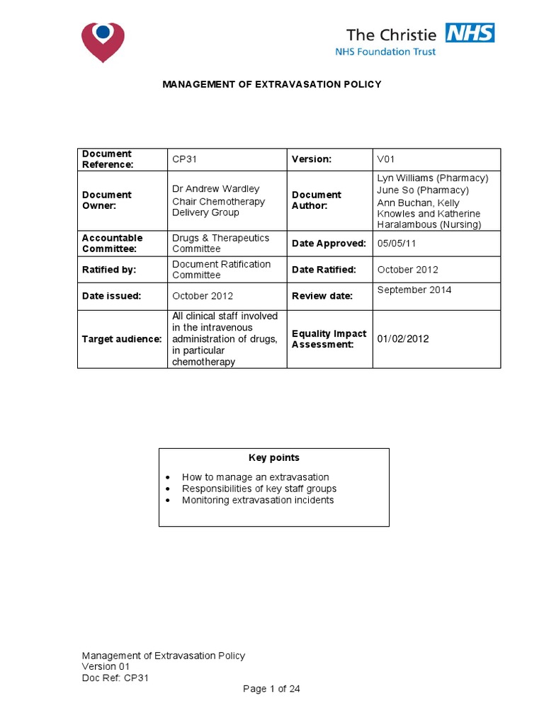 Extravasation Policy | Download Free PDF | Intravenous Therapy ...