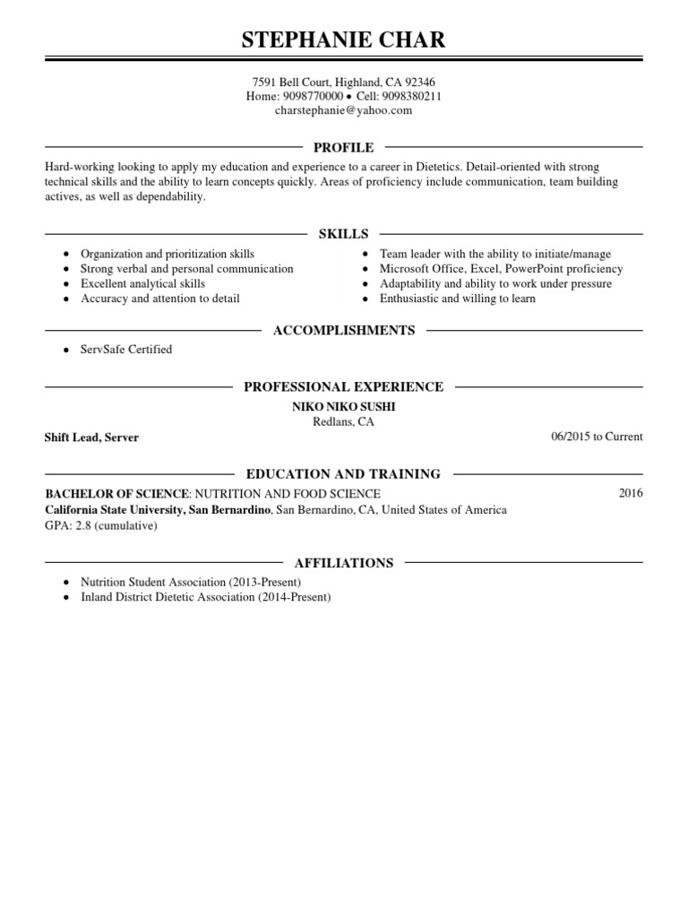 Dietetics Career Resume for Stephanie Char | PDF