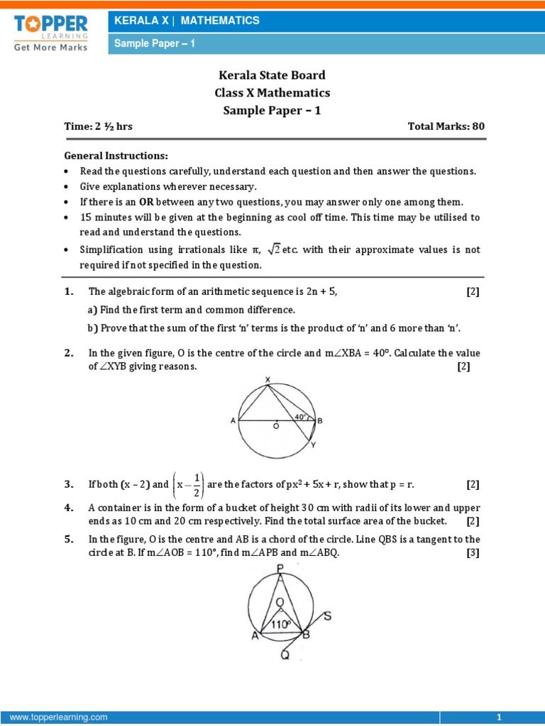 Kerala-Math Sample Paper-1-Class 10 Question Paper | PDF | Polynomial | Elementary Mathematics