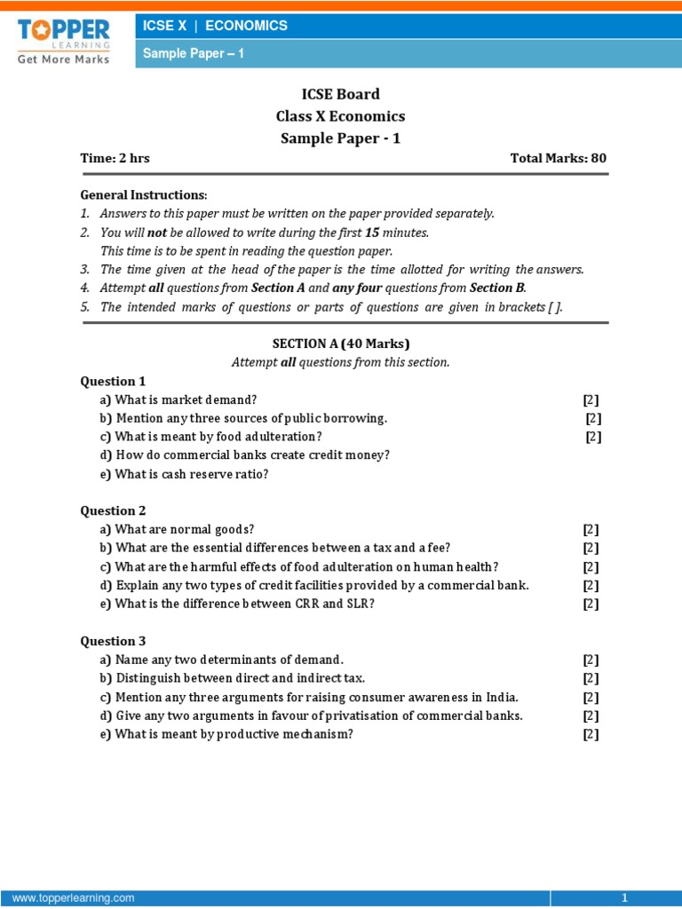 Class 10 ICSE Economics Sample Paper | PDF | Demand | Supply (Economics)