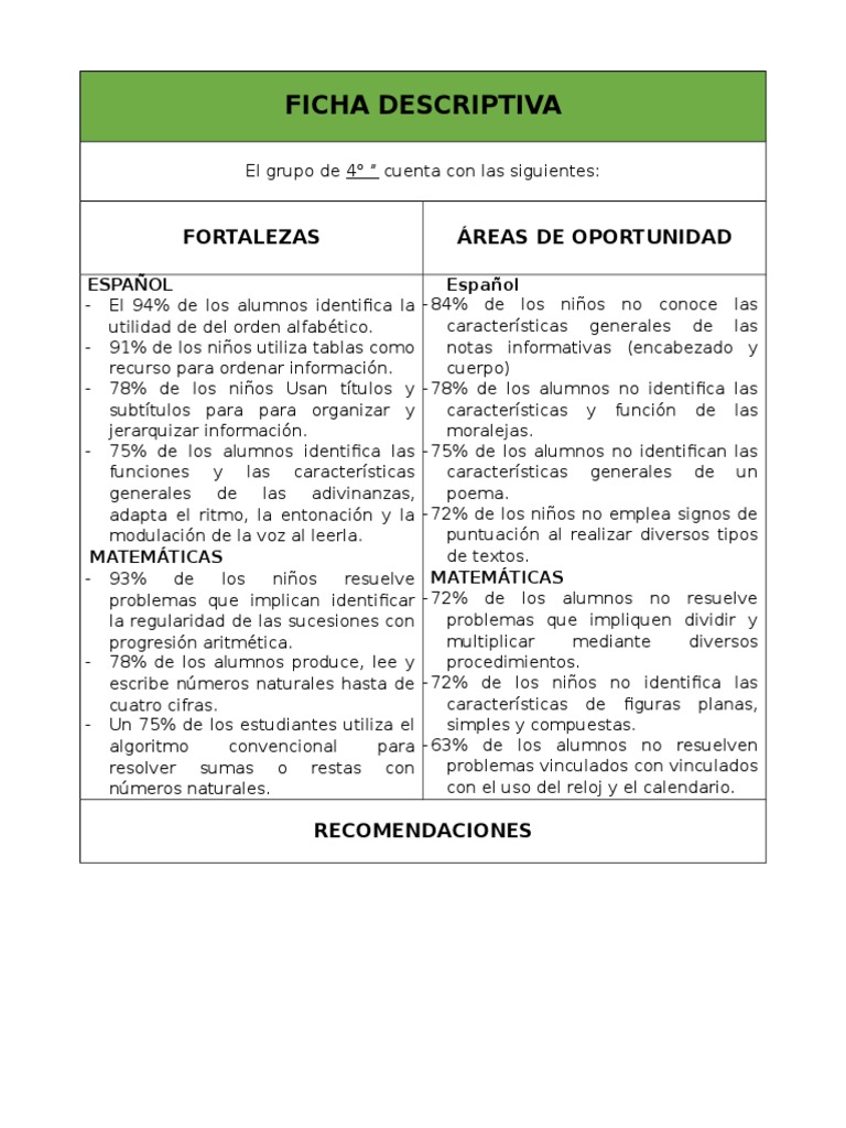 Ejemplo De Ficha Descriptiva De Grupo Primer Grado