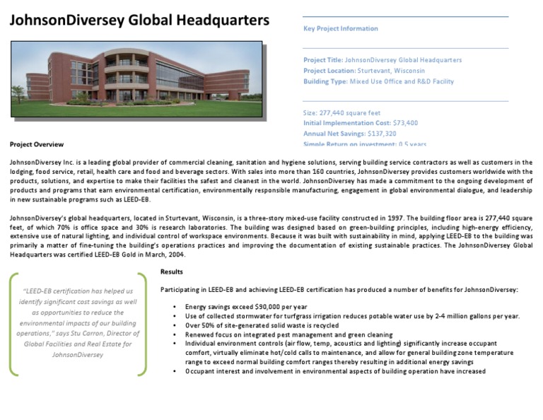 Johnson Diversey Global Headquarters Case Study | PDF | Leadership In Energy And Environmental ...