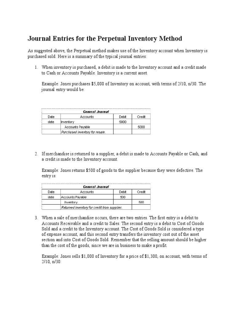 Journal Entries For The Perpetual Inventory Method | PDF | Debits And ...