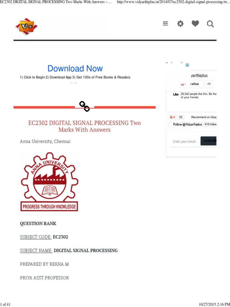 EC2302 DIGITAL SIGNAL PROCESSING Two Marks With Answers Vidyarthiplus (V+) Blog - A Blog For ...
