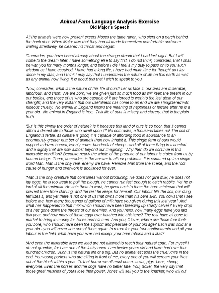 Animal Farm Language Analysis Exercise Old Majors Speech 17zjjqk | PDF ...