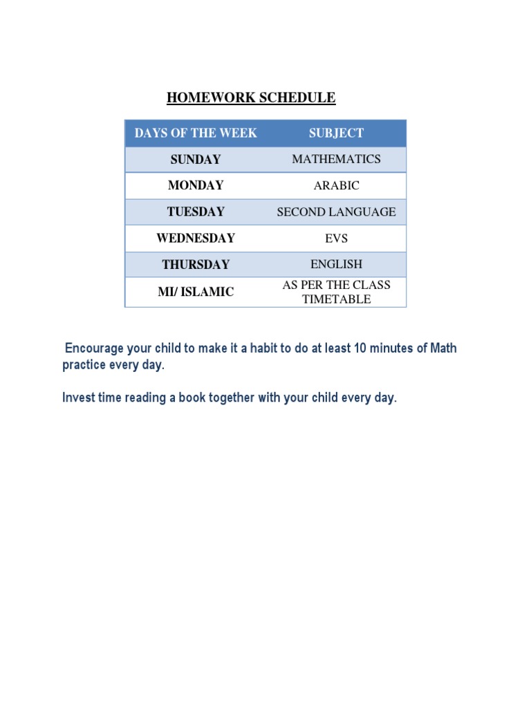 Weekly Homework Schedule for Kids | PDF