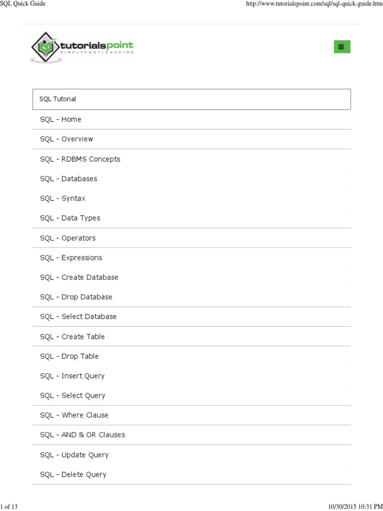 SQL Quick Guide | Download Free PDF | Sql | Relational Database