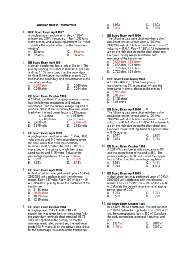 Question Bank on Transformers and Transformer Tests | PDF | Transformer ...
