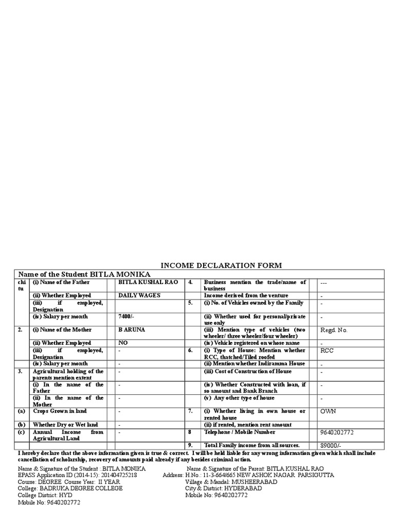 Income Declaration Form for Scholarship | PDF | Business