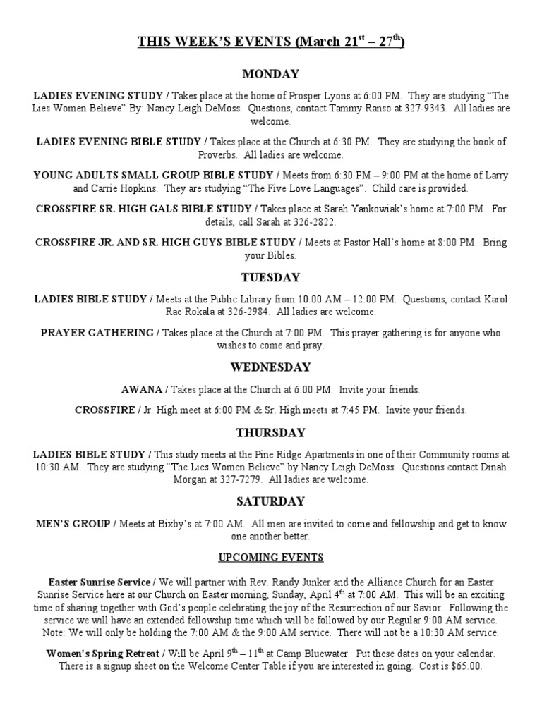This Week'S Events (March 21 - 27) : Monday | PDF | Christian Behaviour ...