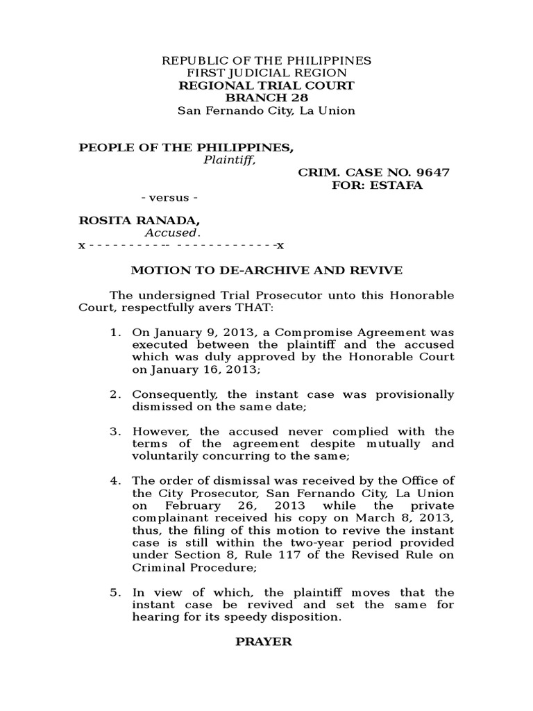 Motion To Revive Sample | PDF | Plaintiff | Prosecutor