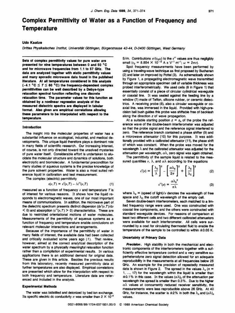 Complex Permittivity of Water As A Function of Frequency and Temperature | PDF | Permittivity ...