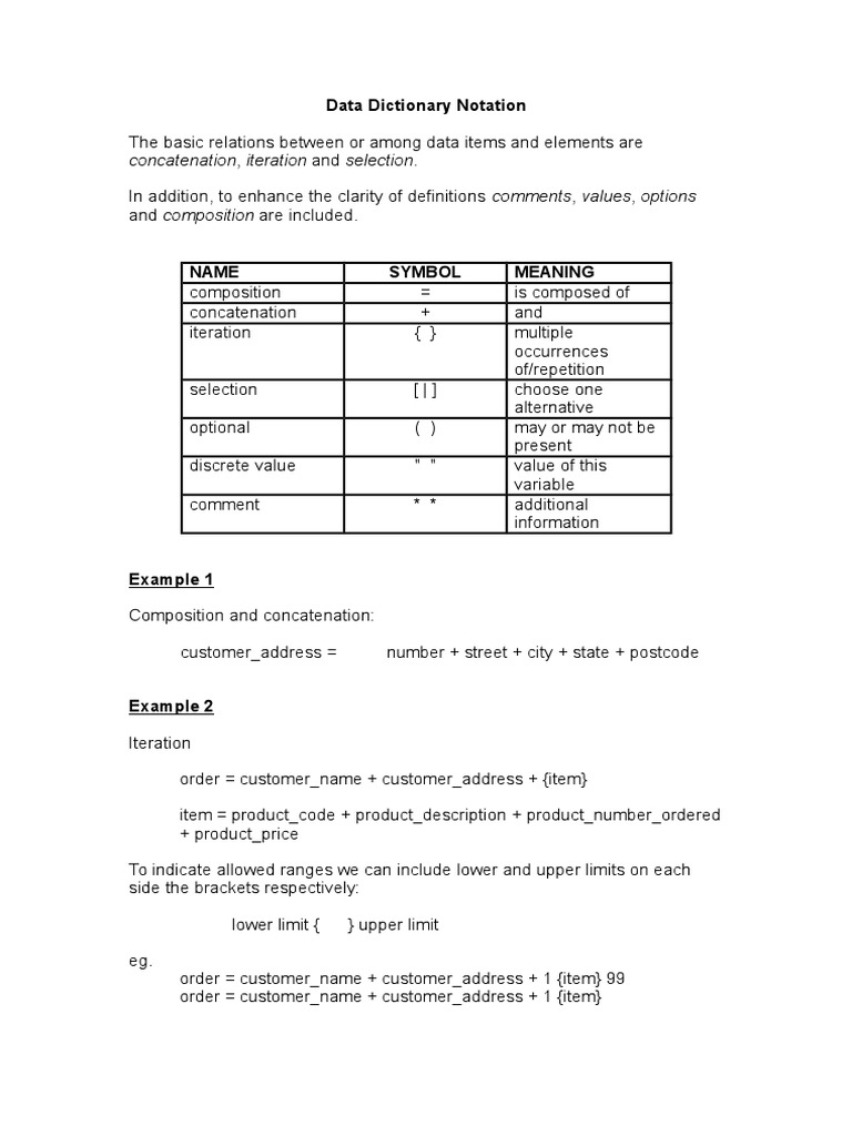 Concatenation, Iteration and Selection.: Data Dictionary Notation | PDF