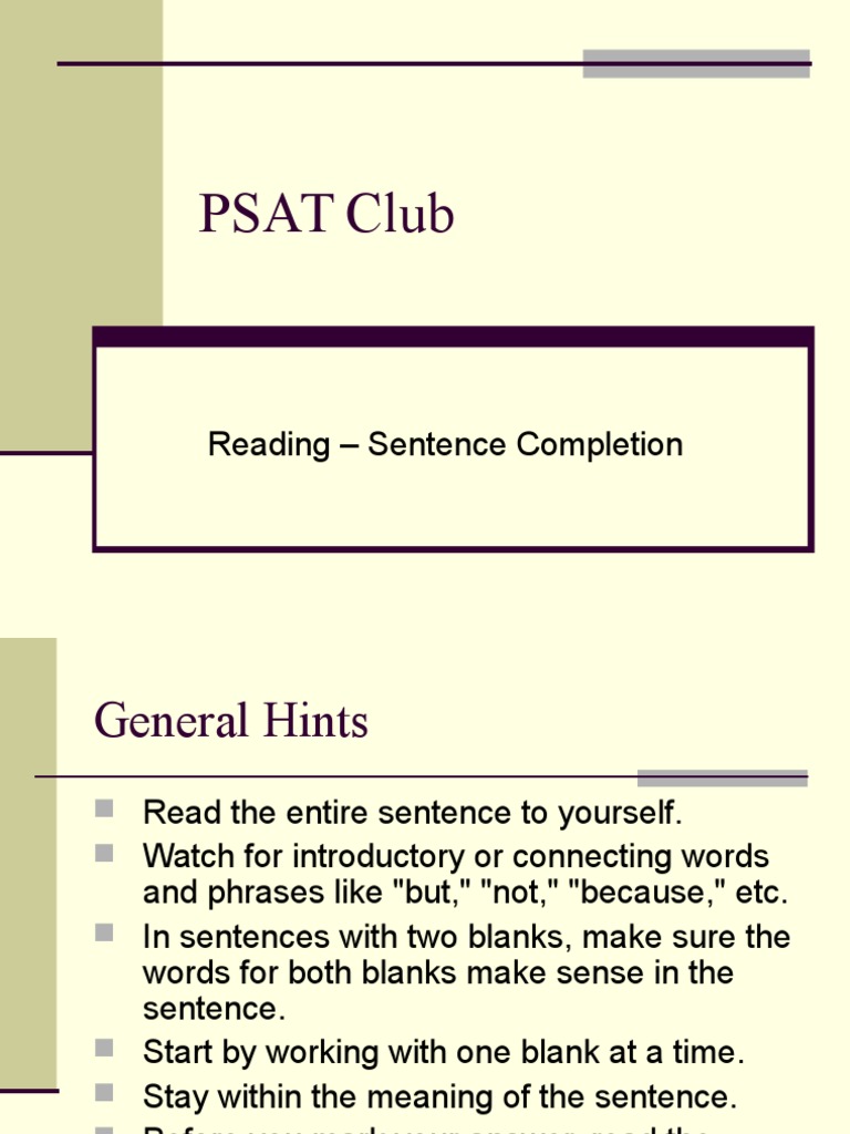 PSAT Reading, Sentence Completion | PDF | Cognitive Science