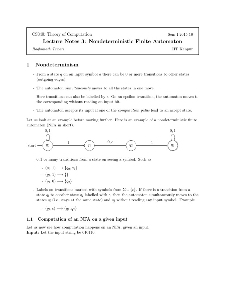 Lecture Notes 3 Nondeterministic Finite Automaton Cs340 Theory Of Computation Pdf