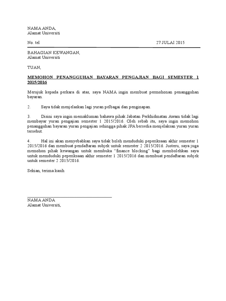 Contoh Surat Penangguhan Bayaran JPA | PDF