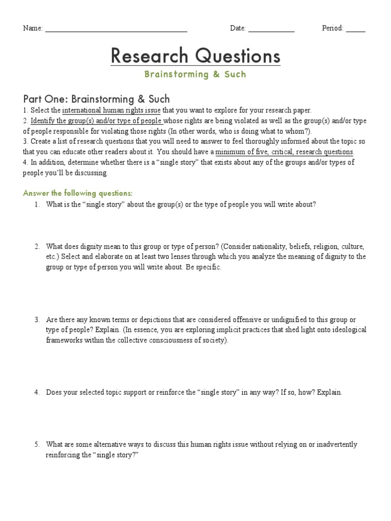Research Questions Handout | PDF | Dignity | Brainstorming