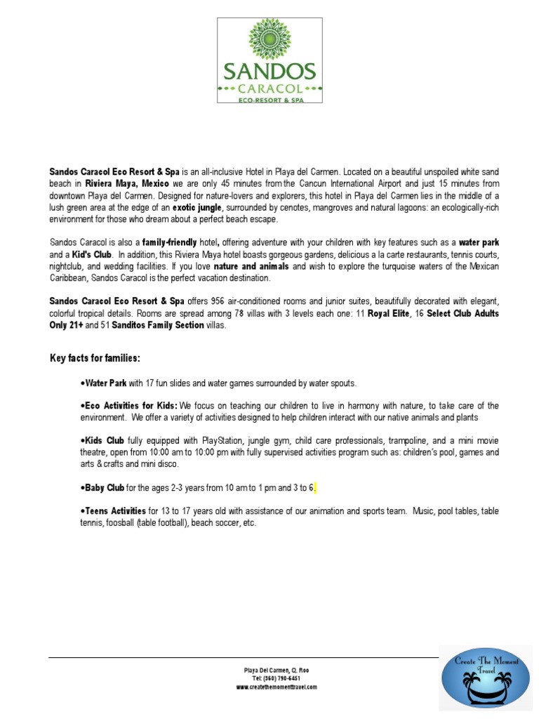 Fact Sheet Sandos Caracol CTMT en dd170114 | PDF | Bar | Swimming Pool