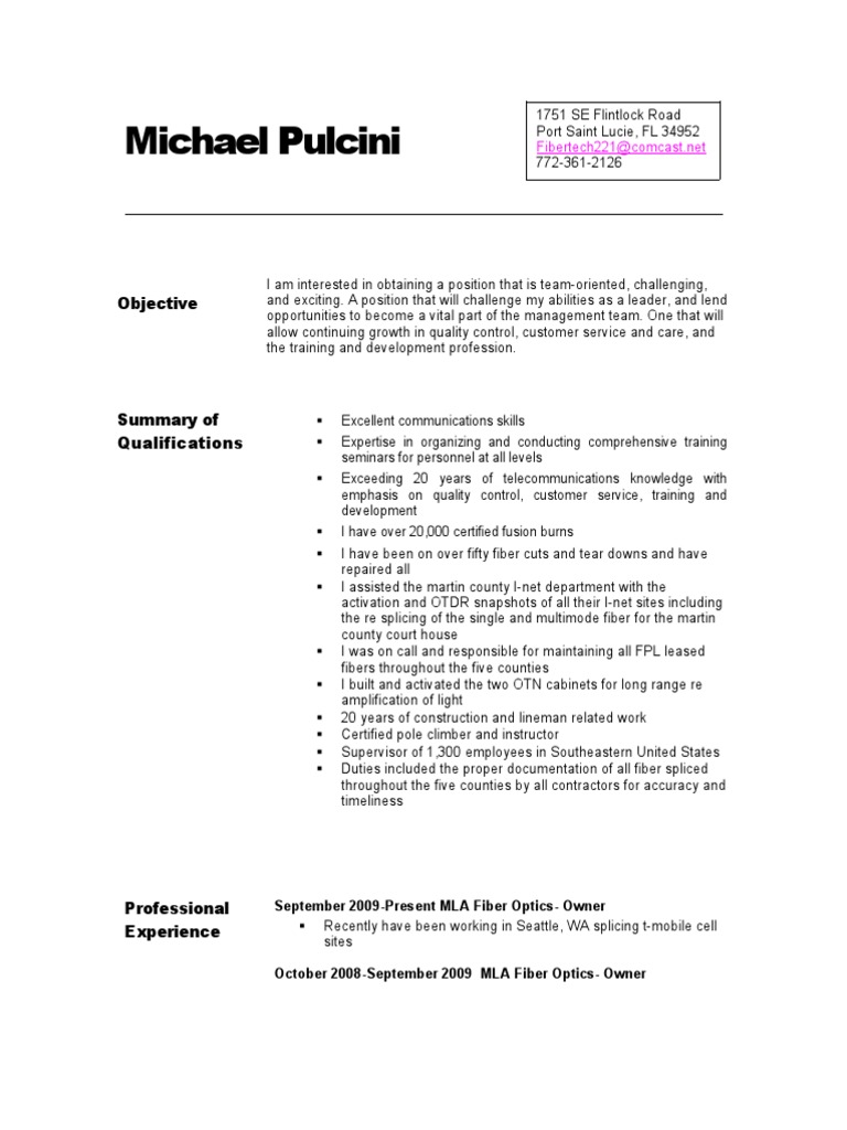 Resume of Fibertech221 | PDF | Optical Fiber | Business