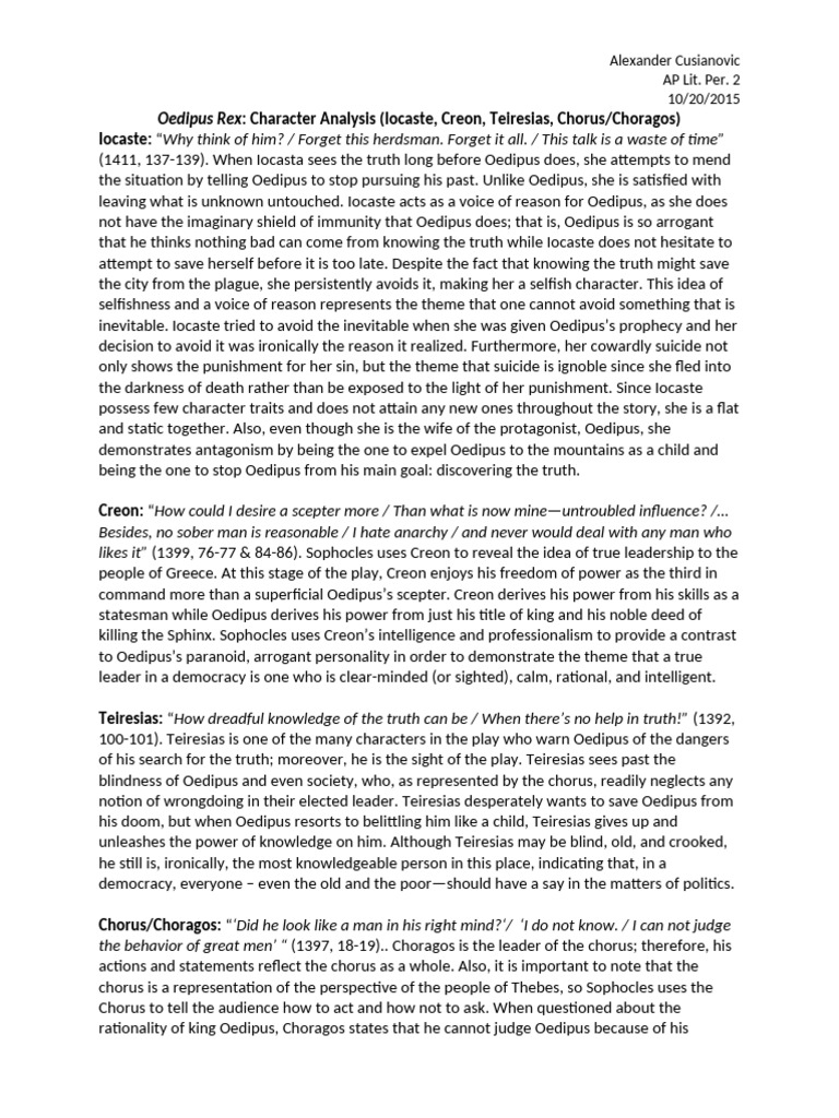 Oedipus Rex Character Analysis | PDF | Oedipus | Sophocles
