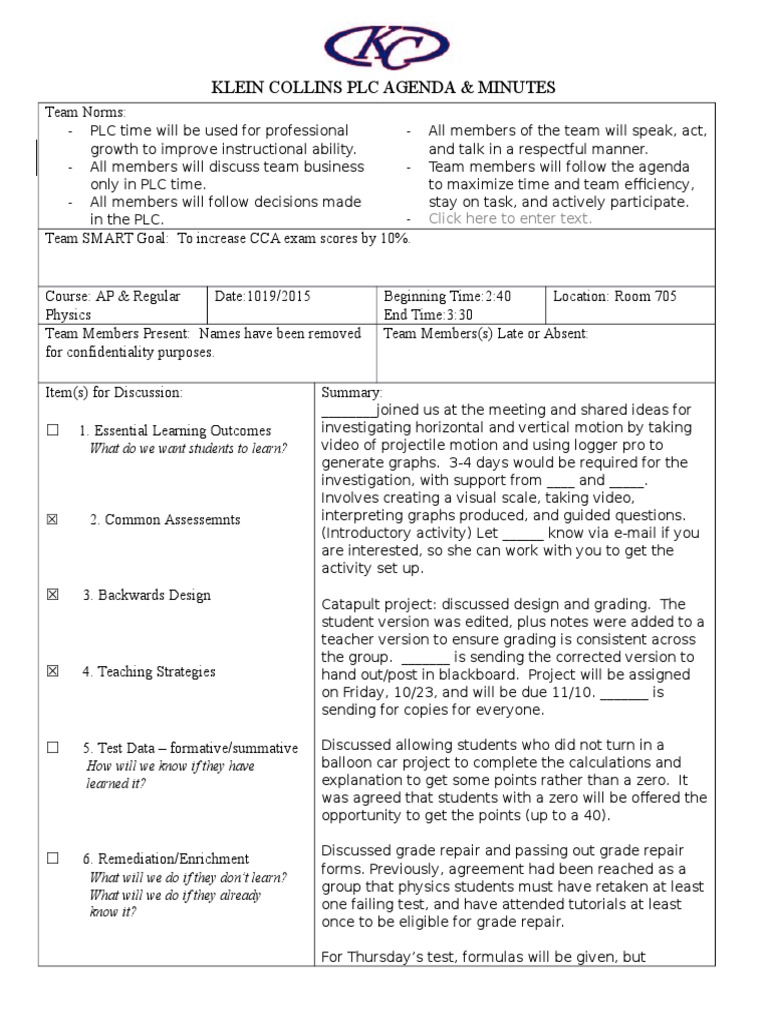 PLC Meeting Minutes | Test (Assessment) | Applied Psychology