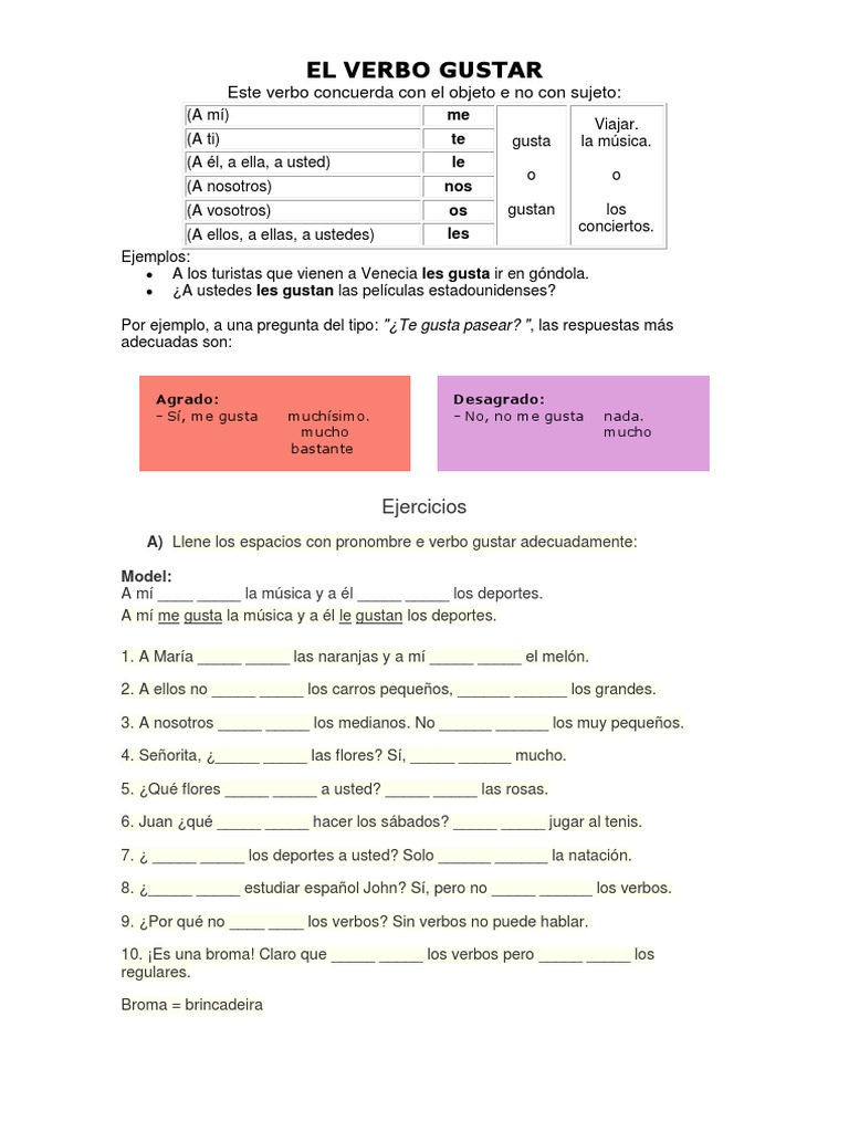 Hoja De Trabajo De Verbos Como Gustar Miércoles 20 De Abril Mis