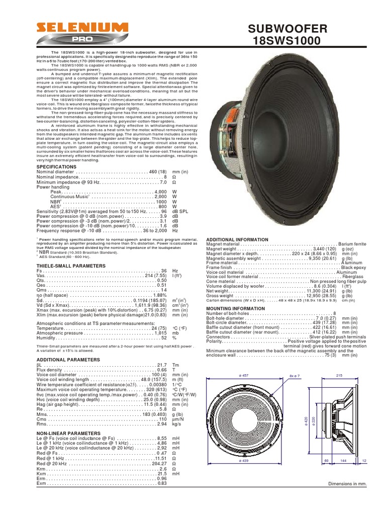 18SWS1000 SpecSheet | PDF | Loudspeaker | Inductor