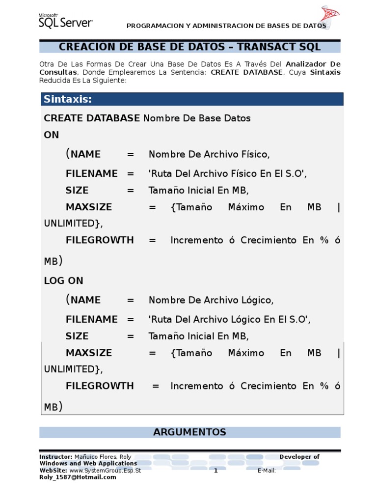 Sintaxis de Creación de Base de Datos - Transact SQL | PDF | Servidor ...