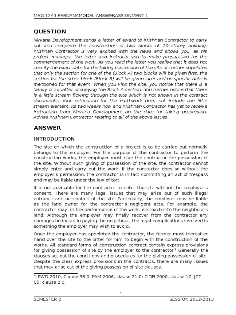 Assignment 1 - Model Answer | Download Free PDF | Breach Of Contract | General Contractor