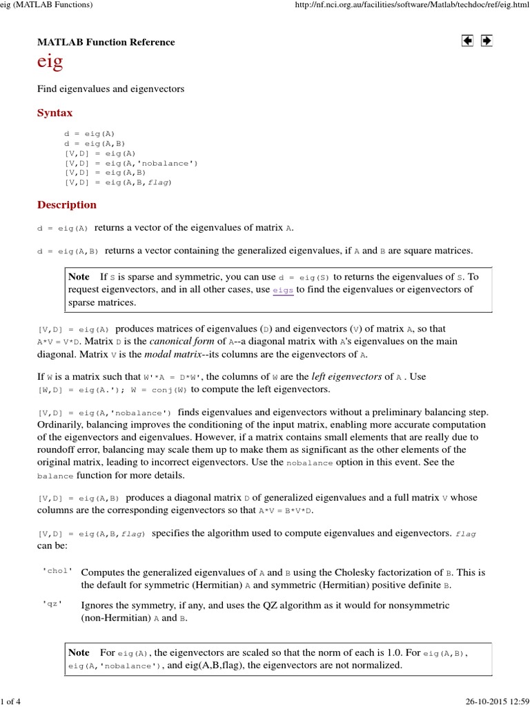 Finding Eigenvalues And Eigenvectors Using The Eig Function In Matlab Pdf Eigenvalues And