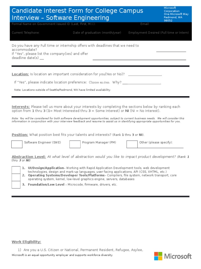 Microsoft Candidate Interest Form | PDF | Permanent Residence (United ...