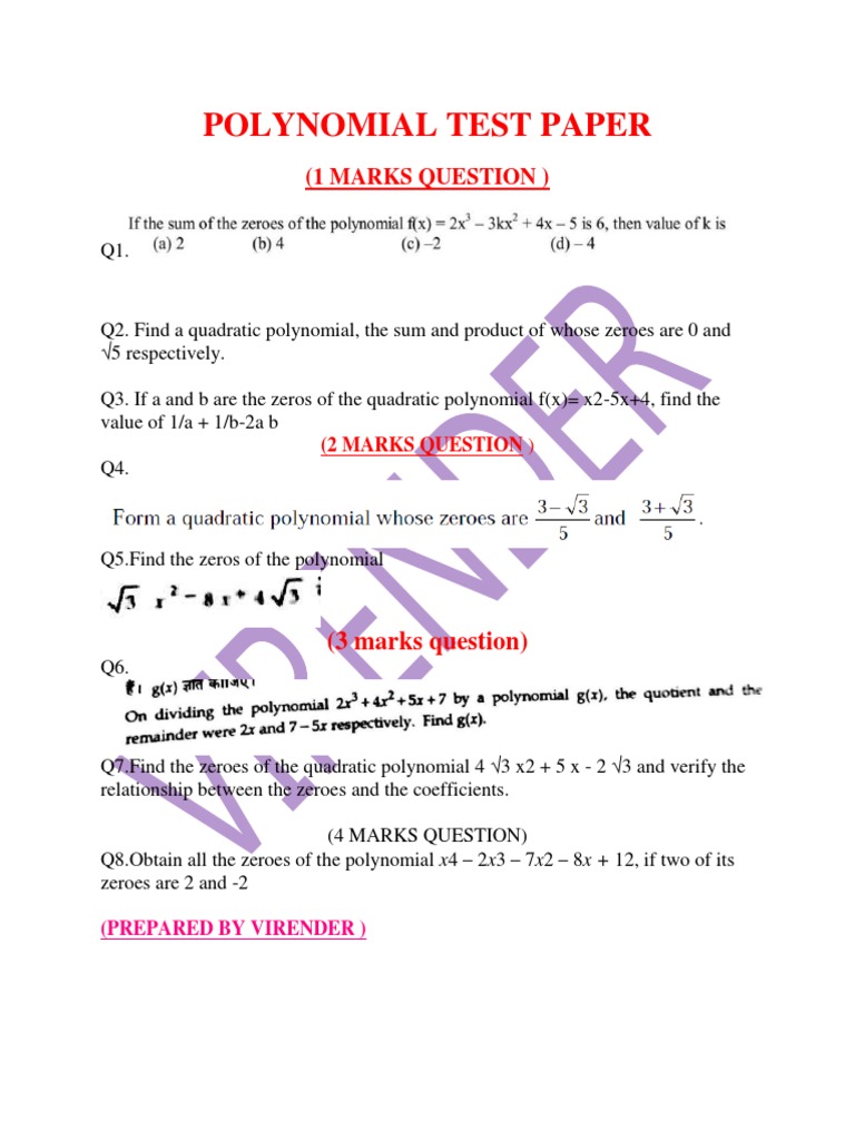 Polynomial Test Paper with Questions | PDF