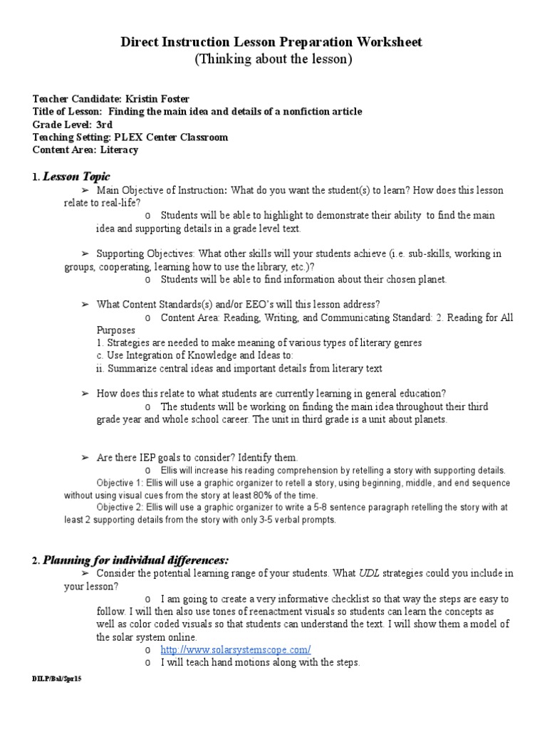 Direct Instruction Lesson Preparation Worksheet: (Thinking About The ...