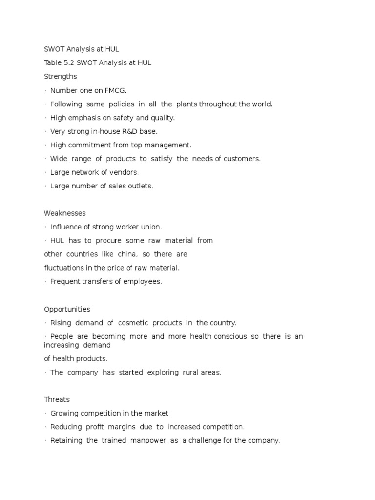 HUL SWOT Analysis Overview | PDF | Swot Analysis | Microeconomics