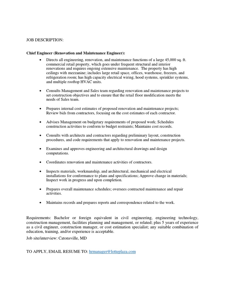 Chief Engineer Job for Retail Renovation | PDF