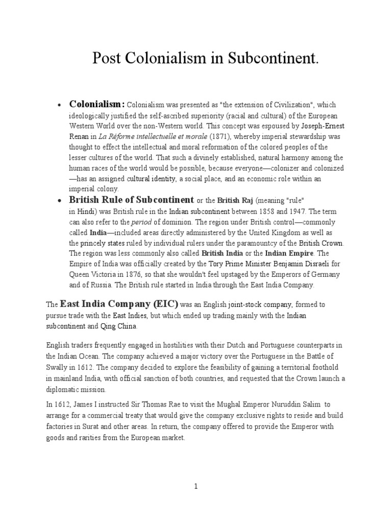 Post Colonialism in Subcontinent | Colonialism | East India Company