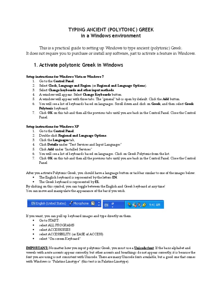 Setup Guide for Polytonic Greek in Windows | PDF