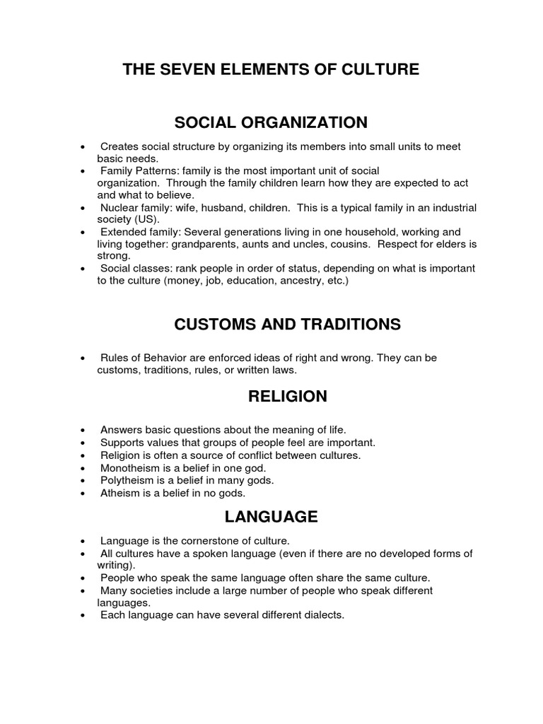 Understanding the Seven Elements of Culture | PDF | Family | Society