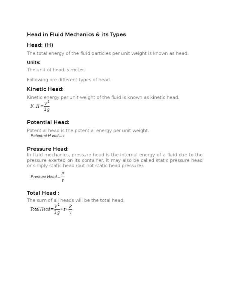 Types of Head in Fluid Mechanics | PDF