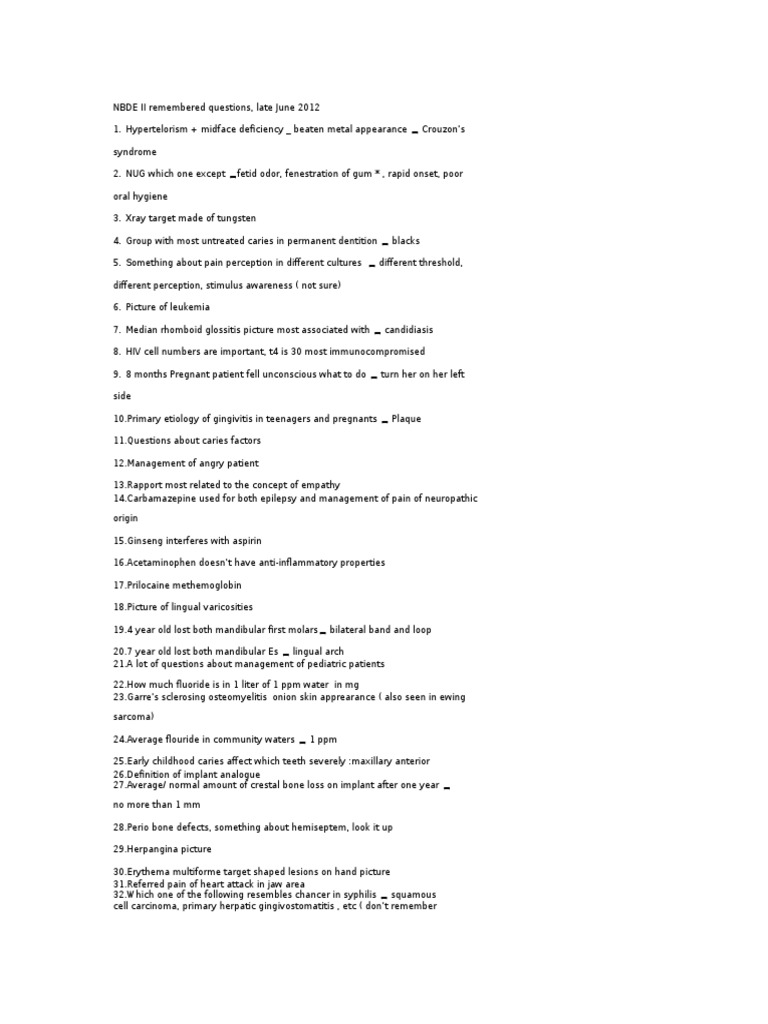 NBDE II Questions | PDF | Cohort Study | Dental Implant