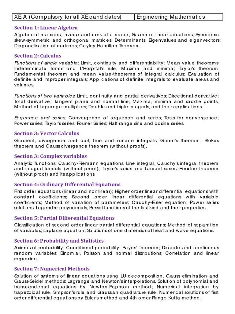 Comprehensive Overview of Engineering Mathematics Topics Covered in XE ...