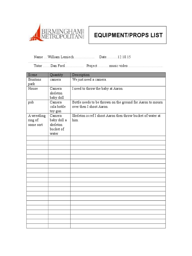 Music Video Scene Equipment List | PDF | Games & Activities