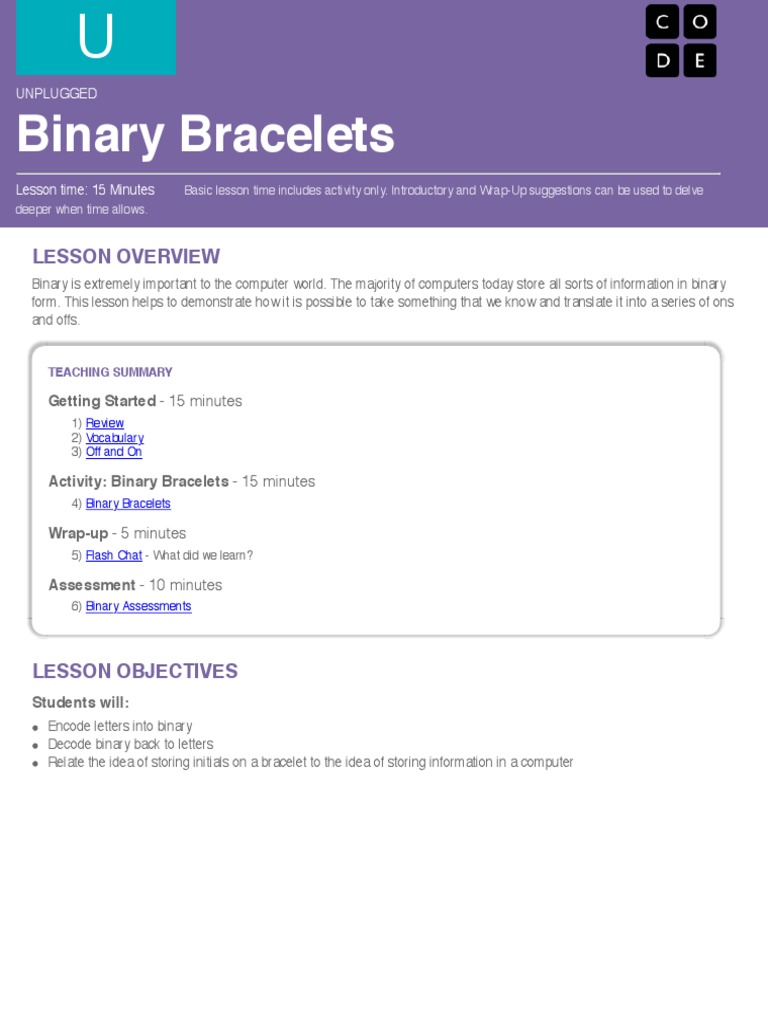 Binary Bracelets Lesson Guide | PDF | Bit | Information
