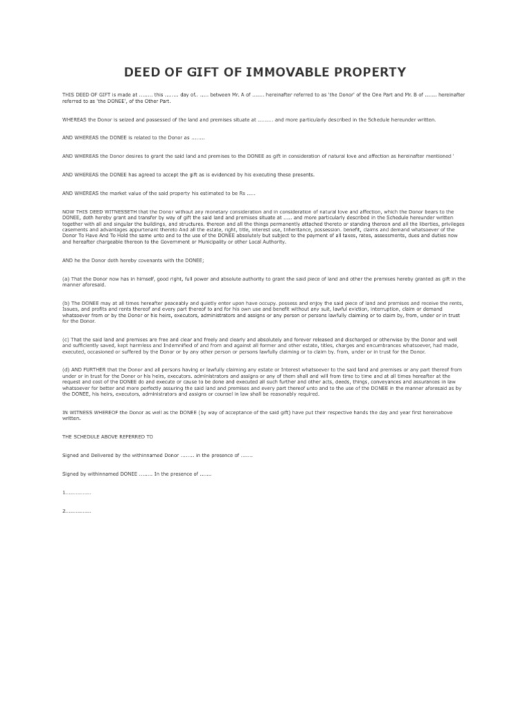 Deed of Gift for Immovable Property | PDF