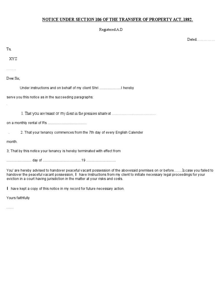 Notice Under Section 106 of The Transfer of Property Act | PDF ...
