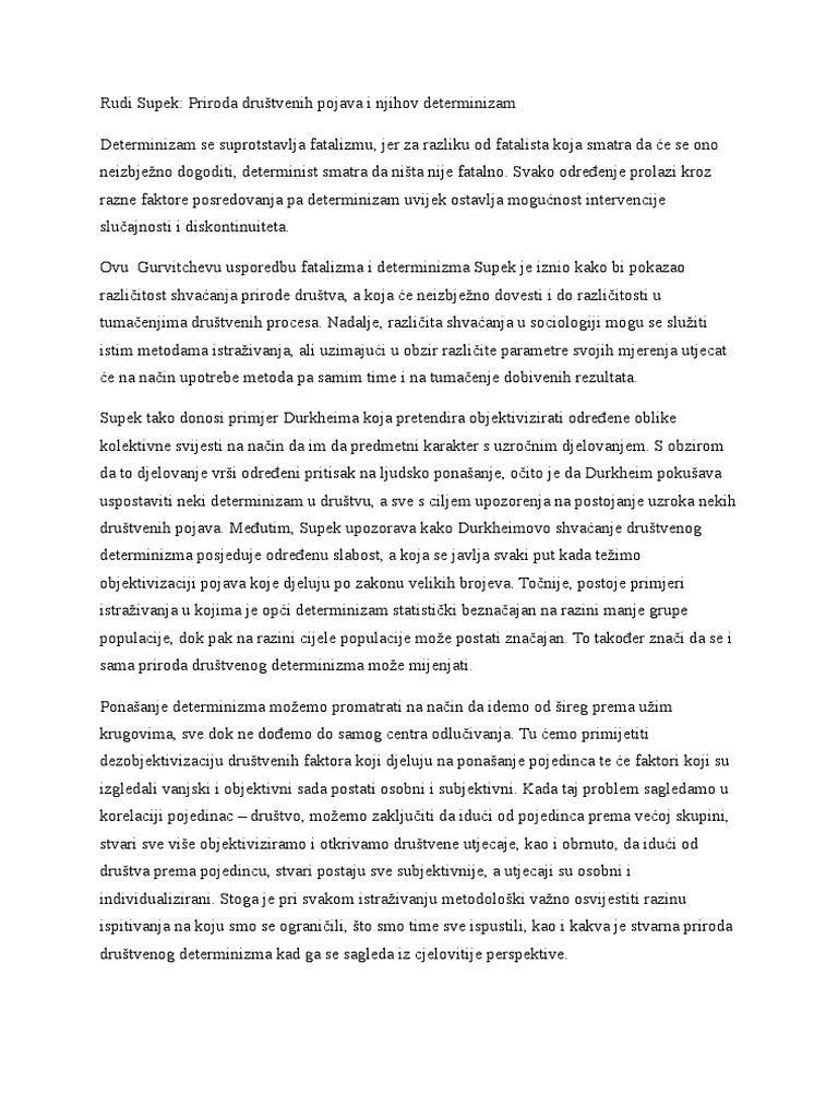 Rudi Supek - Priroda Društvenih Pojava I Njihov Determinizam | PDF