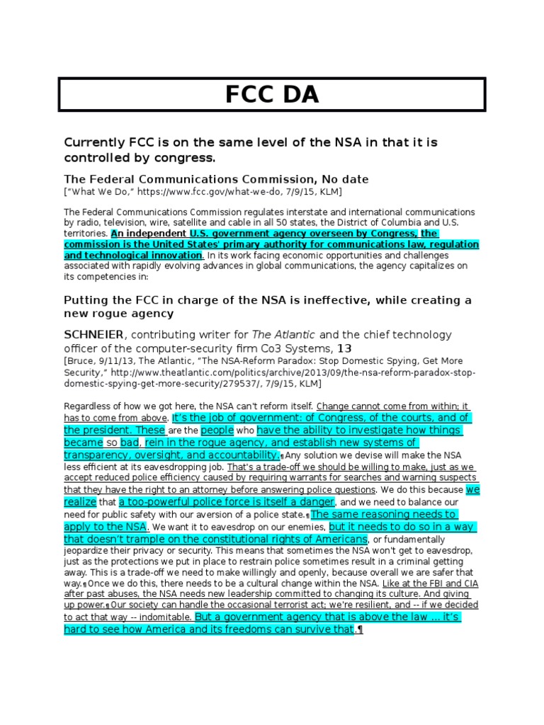 FCC Da: Currently FCC Is On The Same Level of The NSA in That It Is ...